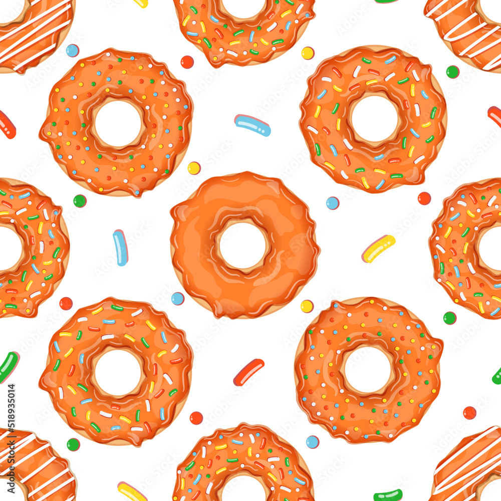 Seamless pattern with orange donuts and colorful sprinkles. Vector ...