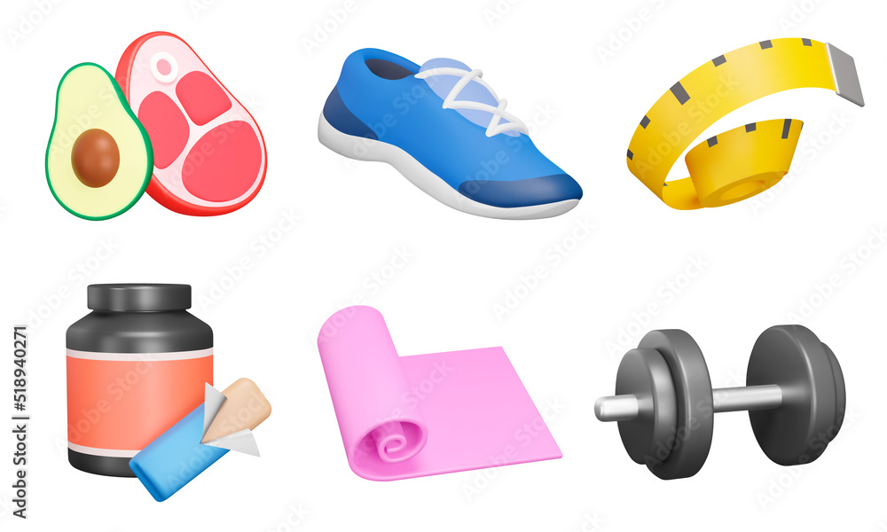 Sport, fitness 3d icon set. Physical training and nutrition. Equipment ...