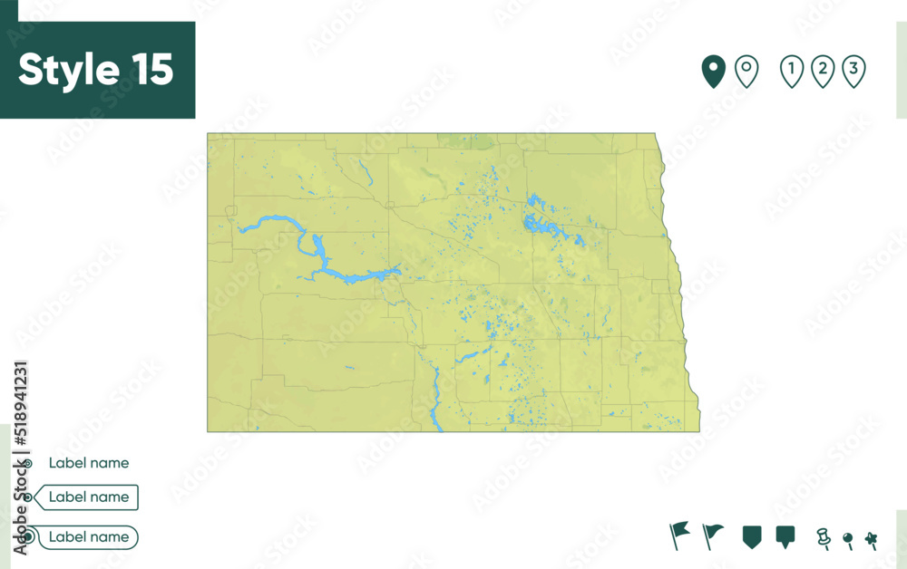 North Dakota, USA - map with shaded relief, land cover, rivers, lakes ... North Dakota, USA - map with shaded relief, land cover, rivers, lakes ...