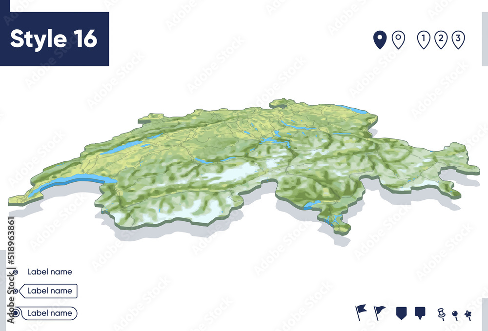 Switzerland - map with shaded relief, land cover, rivers, mountains ...