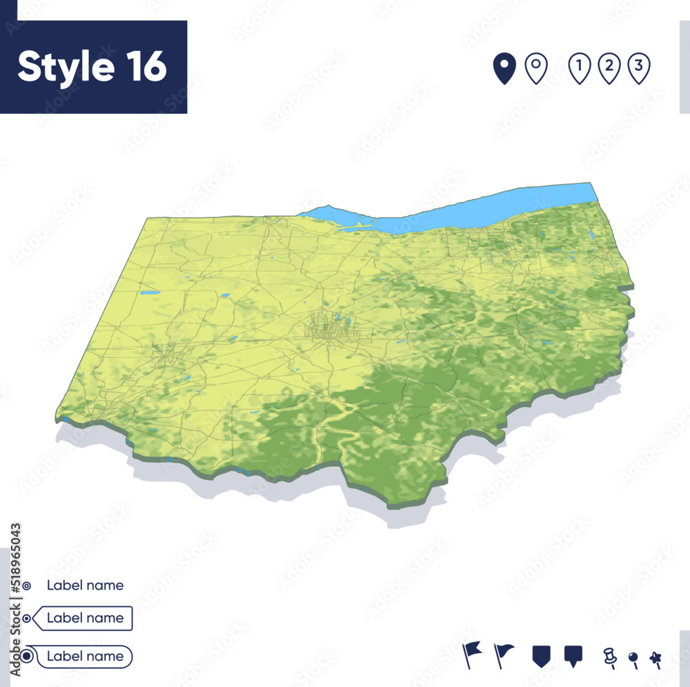 Ohio, USA - map with shaded relief, land cover, rivers, mountains ...