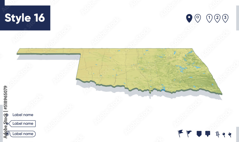 Oklahoma, USA - map with shaded relief, land cover, rivers, mountains ...