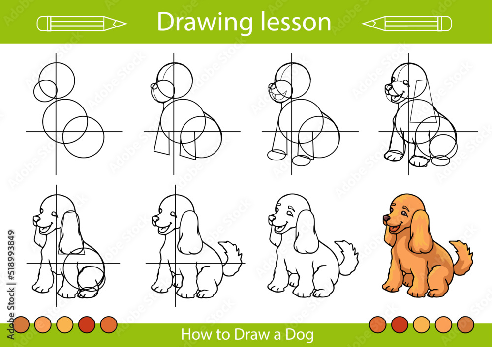 Drawing tutorial. How to draw a dog. Kids worksheet and activity page ...