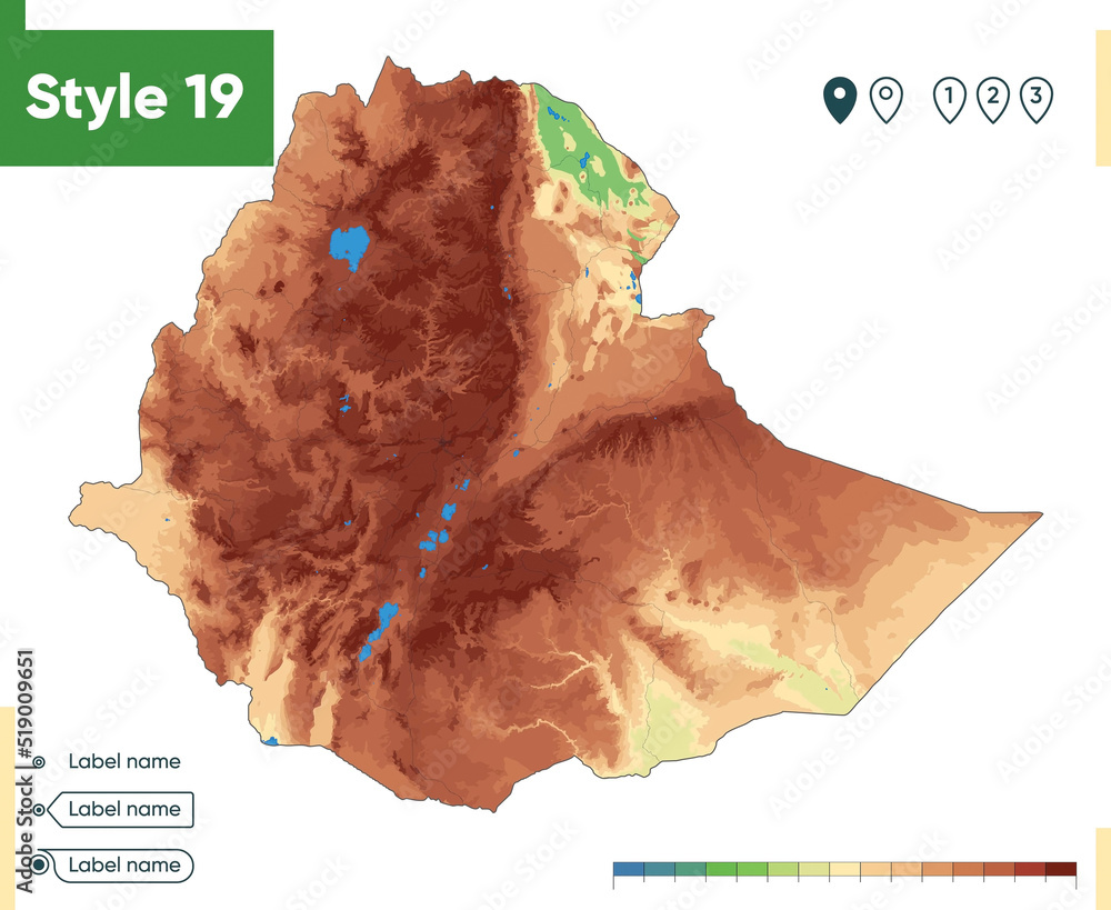 Ethiopia - high detailed physical map. Vector map. Dem map. Stock ...