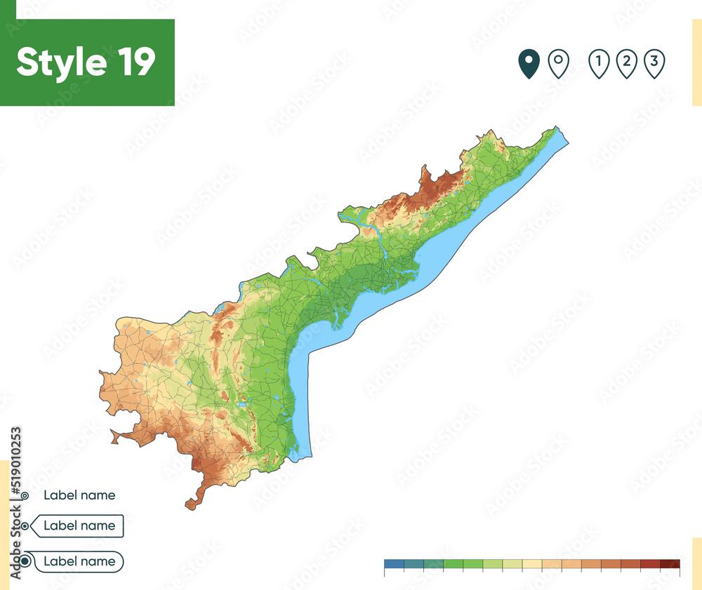 Andhra Pradesh, India - high detailed physical map. Vector map. Dem map ...