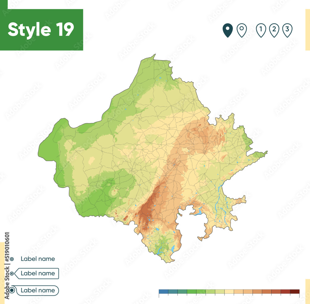 Rajasthan, India - high detailed physical map. Vector map. Dem map ...