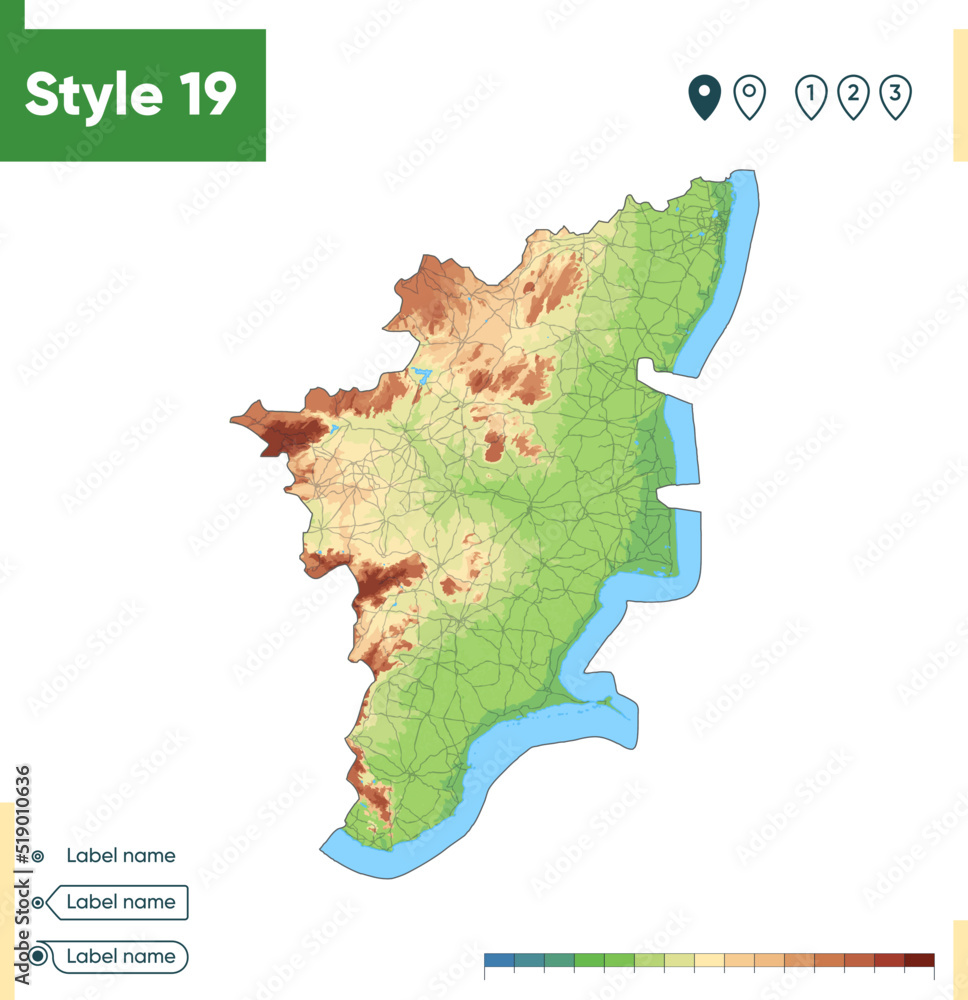 Tamil Nadu, India - high detailed physical map. Vector map. Dem map ...