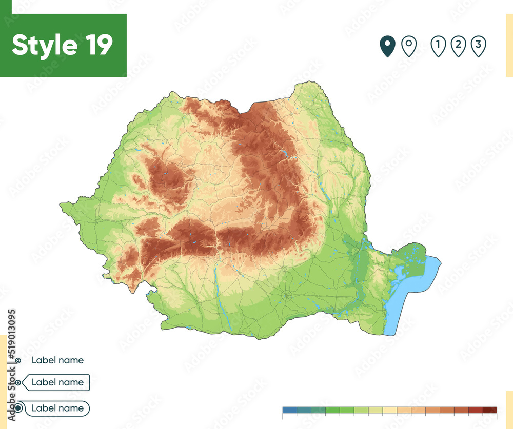 Romania - high detailed physical map. Vector map. Dem map. Stock Vector ...