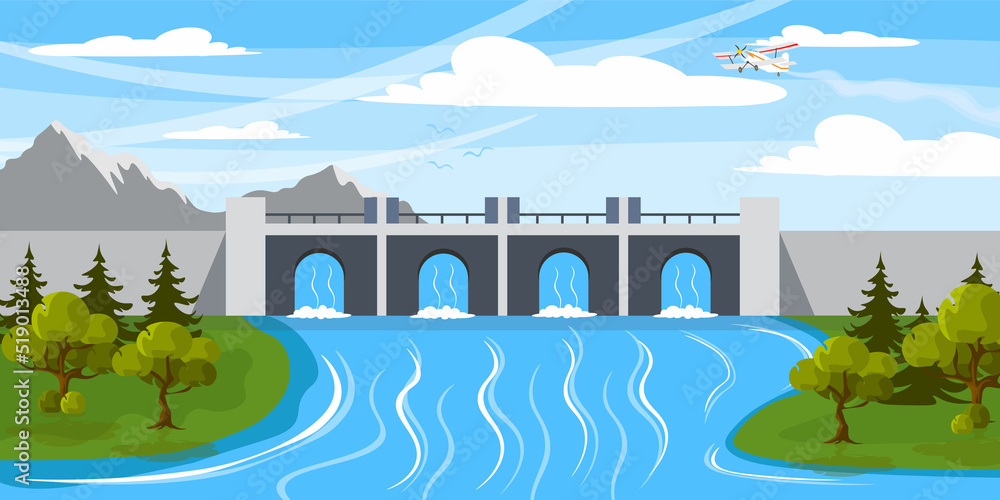 Vector illustration of a beautiful dam. Cartoon mountain landscape with ...