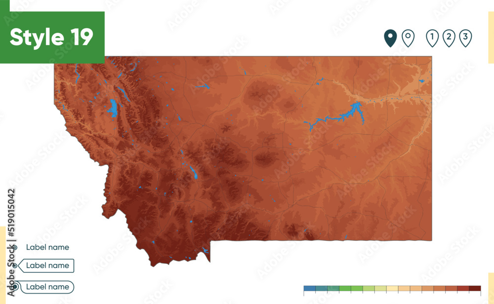 Montana, USA - high detailed physical map. Vector map. Dem map. Stock ...