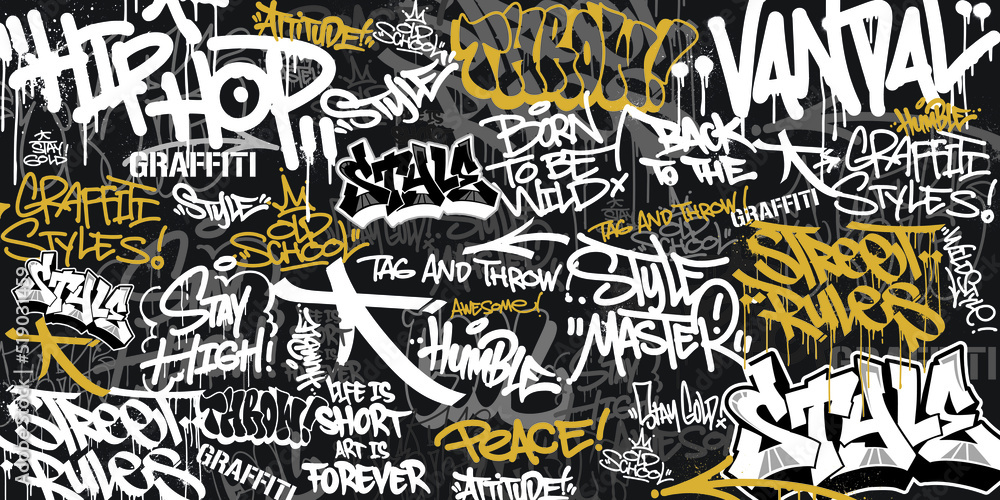 Graffiti background with throw-up and tagging hand-drawn style. Street ...