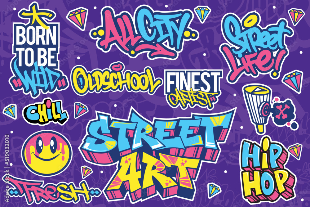 A set of colorful graffiti art sticker illustrations. Cool graffiti ...
