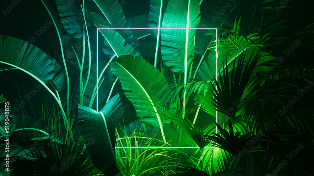 Cyber Background Design. Tropical Plants with Green and Blue, Square ...