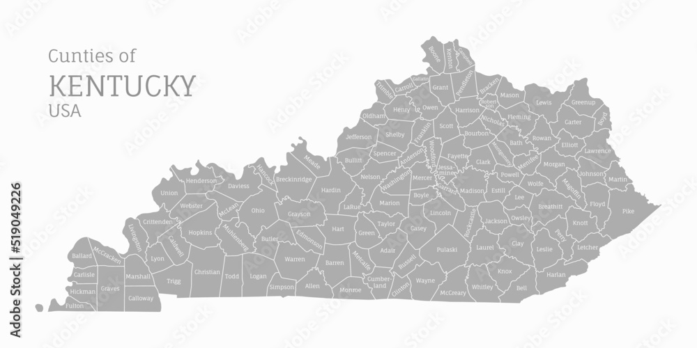 Highly detailed administrative map of Kentucky, US state. Editable gray ...