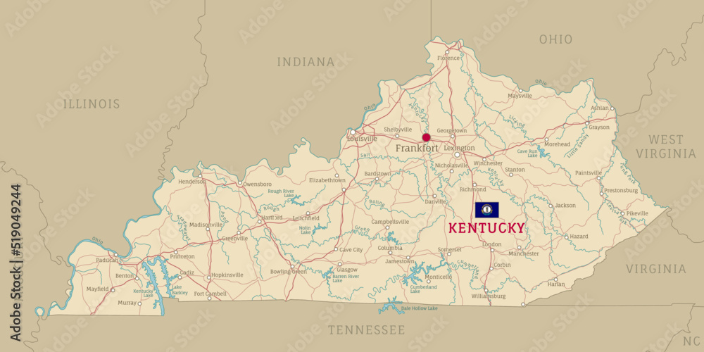 Vector de Stock Road map of Kentucky, US American federal state ...