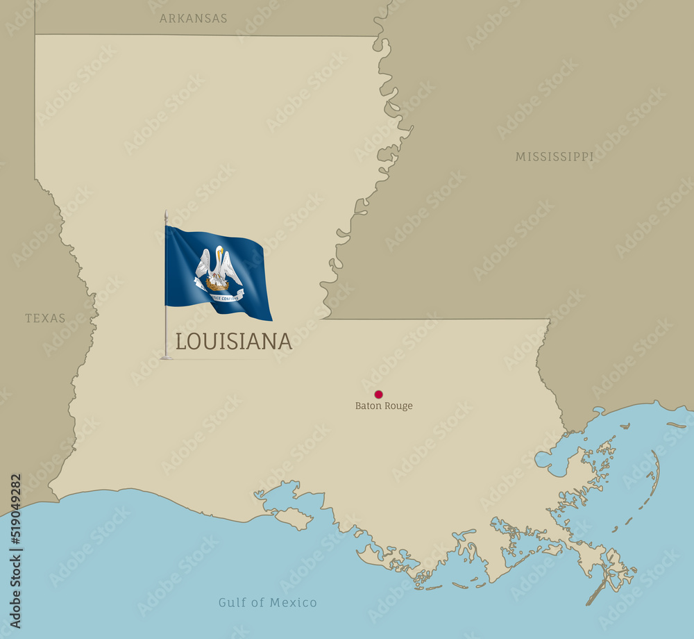 Vector de Stock Map of Louisiana USA federal state with waving flag ...