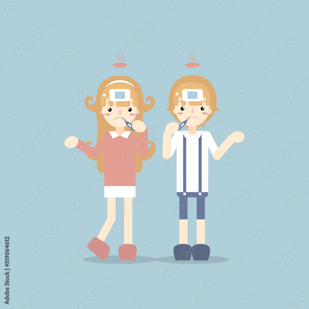 boy and girl with thermometer in his mouth, having a cold and runny ...