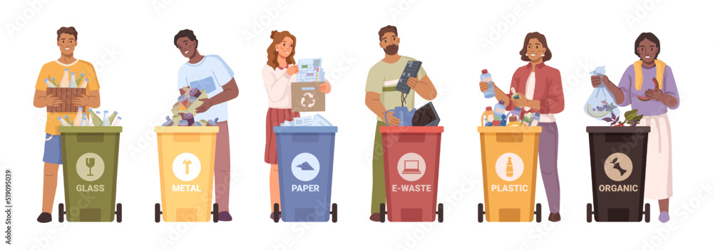 Men and women throw out trash in plastic color dumpsters isolated set ...