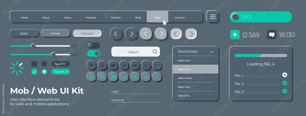 Dark theme user interface elements for mobile app. Unique neumorphic ui ux design kit. Manage ...