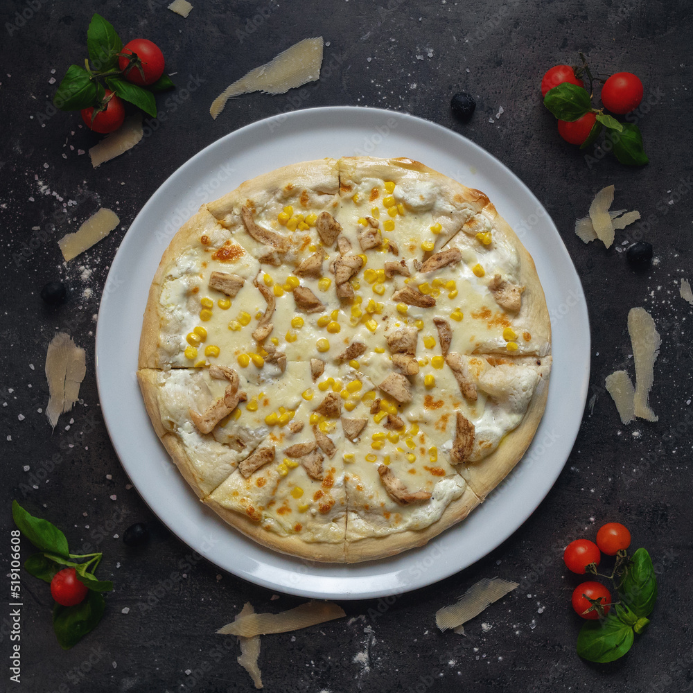Italian Style Pizza With Bechamel Sauce, Roasted Chicken Breast, Corn ...