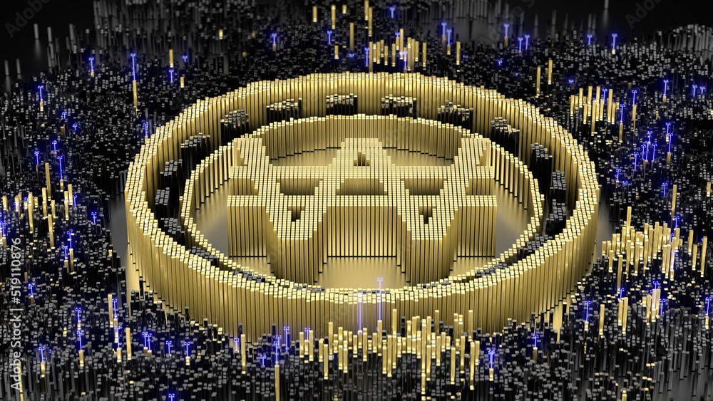 Woolong symbol in an abstract microstructure of black and gold blocks ...