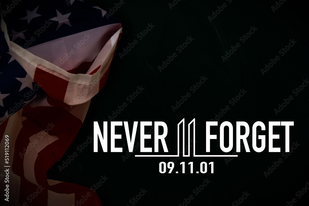 9.11 Patriot Day logo with Twin Towers on american flag. USA Patriot ...