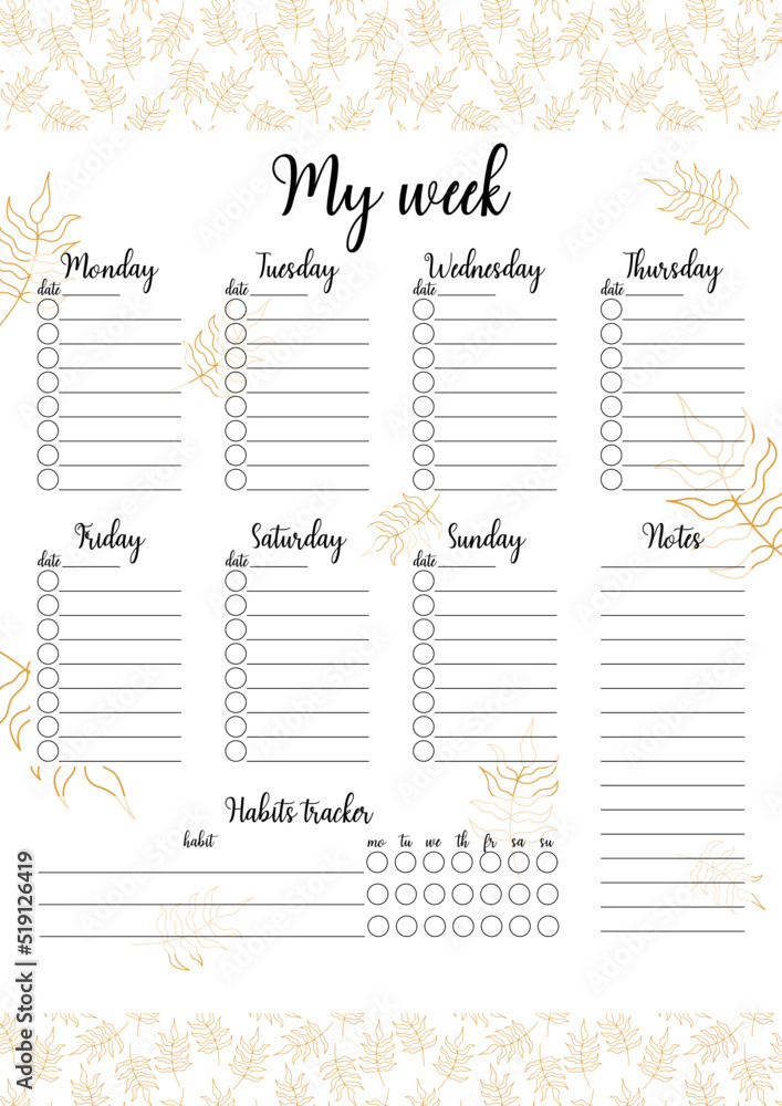 Weekly planner template isolated. Printable task organizer by day of ...