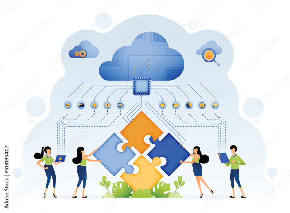 Illustration of people assisted by artificial intelligence solve puzzle ...