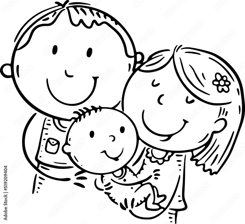 Line drawing of parents hugging baby. Happy cartoons mother and father ...
