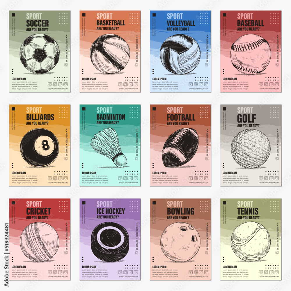 Hand drawn sketches of popular sports balls posters set, Detailed ...
