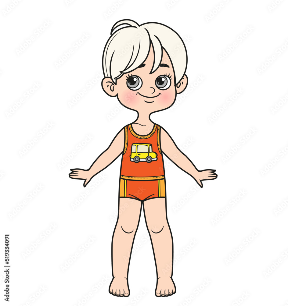 Cute cartoon boy with classic haircut dressed in underwear barefoot ...