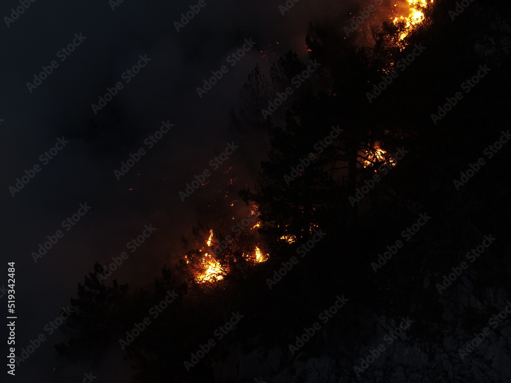 Aerial panoramic view of a forest fire at night, heavy smoke causes air ...