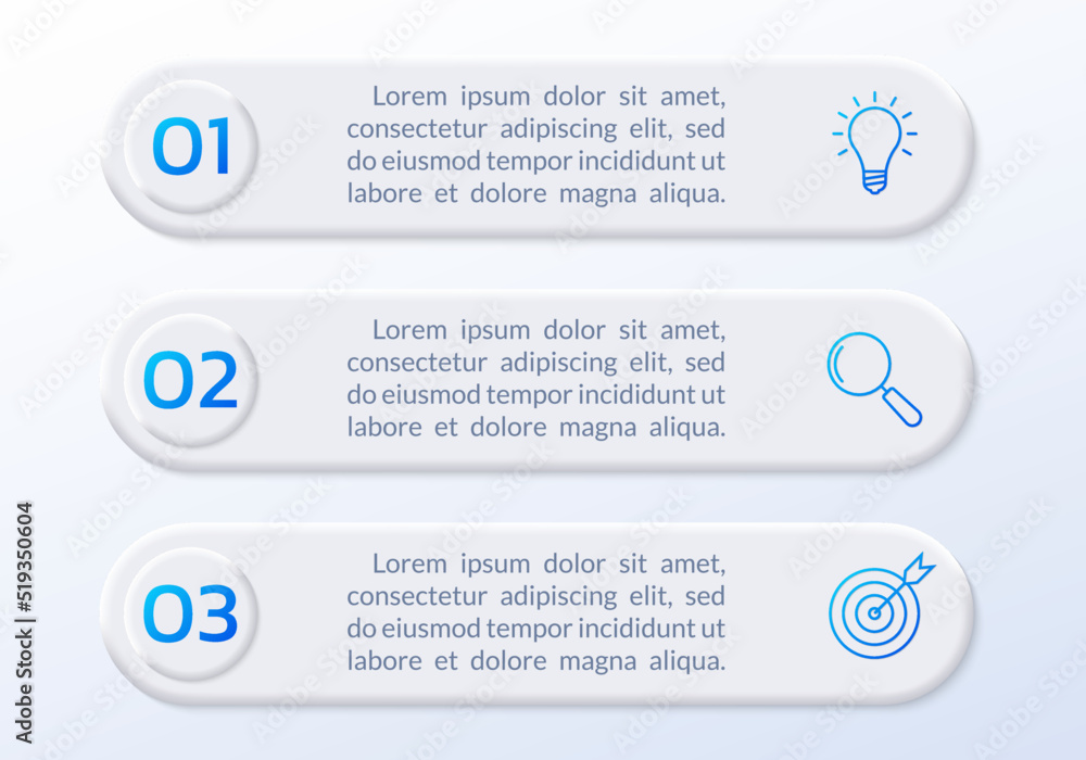 3 number list template. Three step business layout with text banners ...