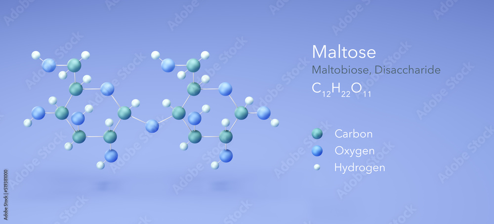 maltose, disaccharide, malt Sugar. Molecular structure 3d rendering ...