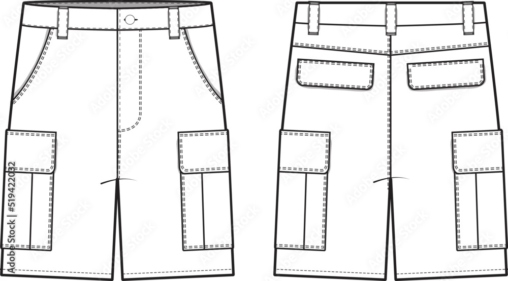 Cargo Shorts Flat Technical Drawing Illustration Five Pocket Classic ...