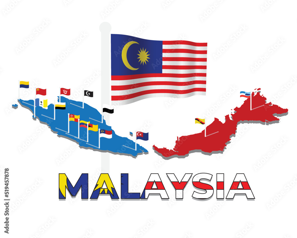 A vector of Malaysia Day concept. Waving Malaysia flag with map and 14 ...