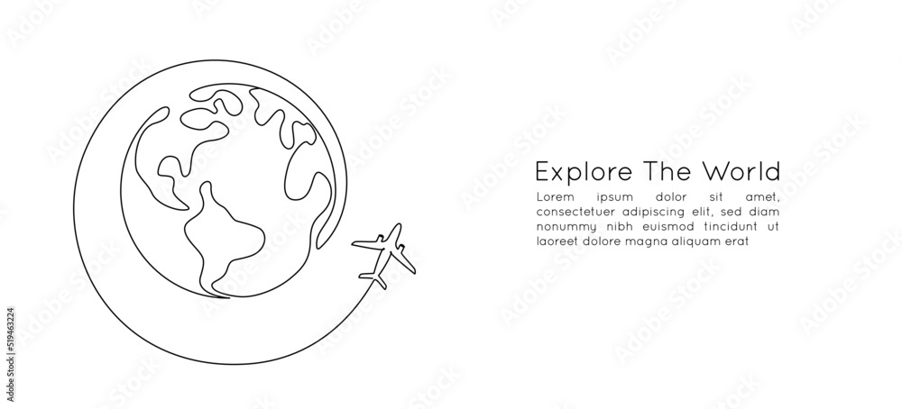 One continuous line drawing of Earth globe with airplane. Flight route ...