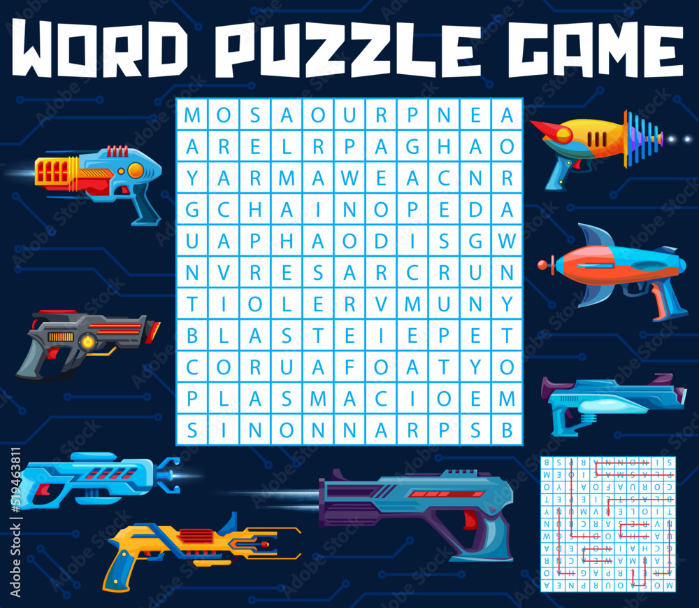 Blaster, handgun and raygun kids weapon toy on word search puzzle game ...