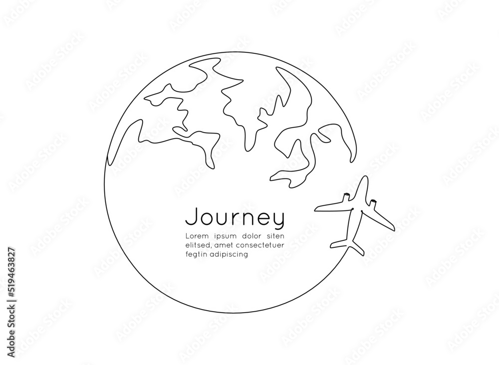 One continuous line drawing of Earth globe with airplane. Flight route ...