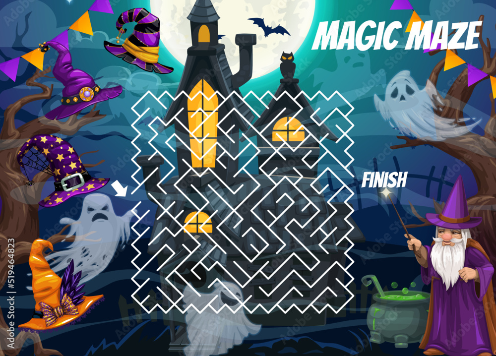 Vetor Halloween labyrinth maze game, witch hat, dark castle and wizard ...