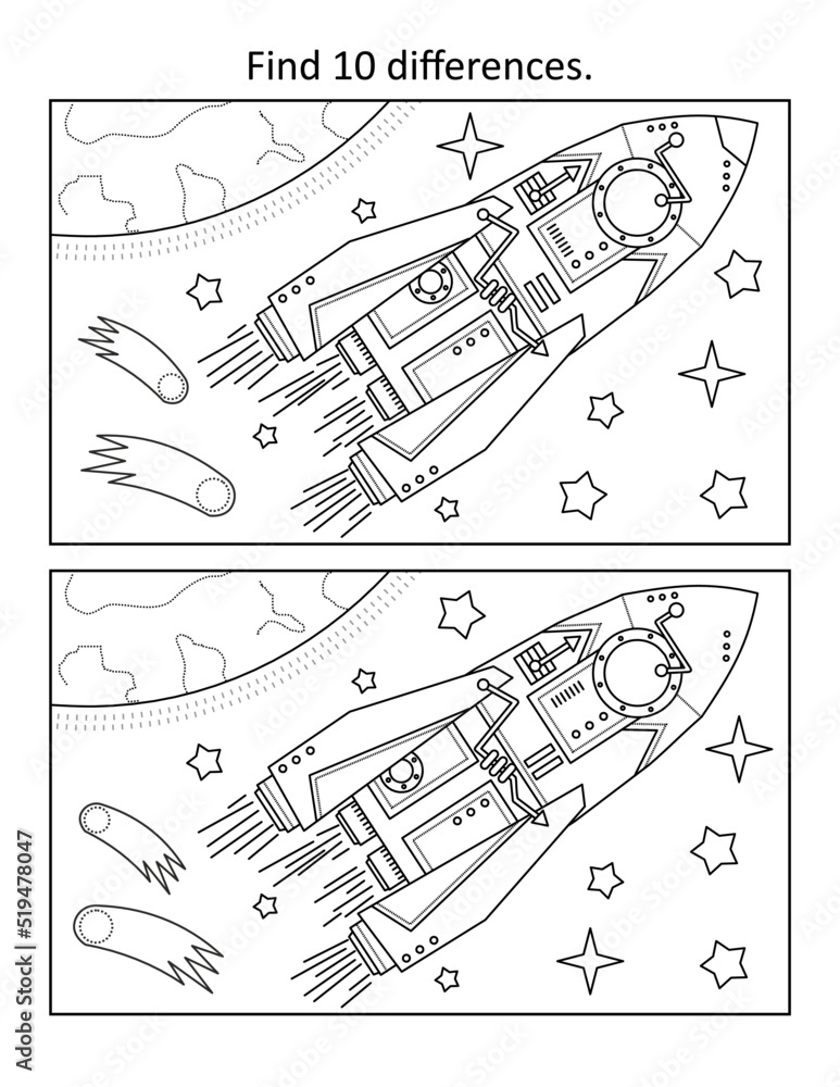 Spaceship or rocket in outer space. Find 10 differences picture puzzle ...