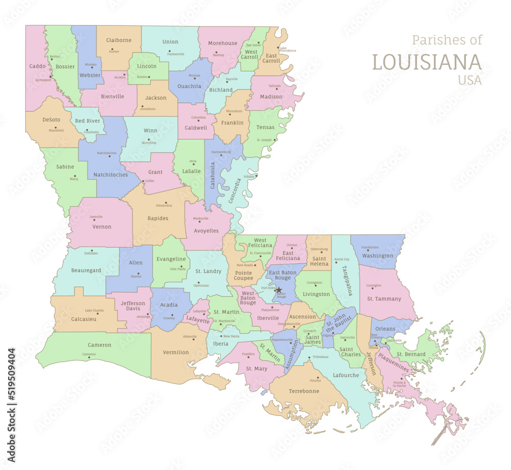 Political color map of Louisiana, USA federal state. Highly detailed ...