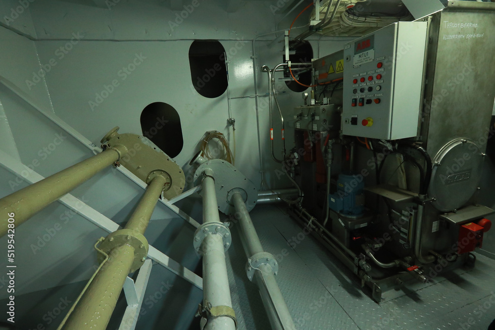 Cruise ship engine room interior with water tight doors electrical and ...
