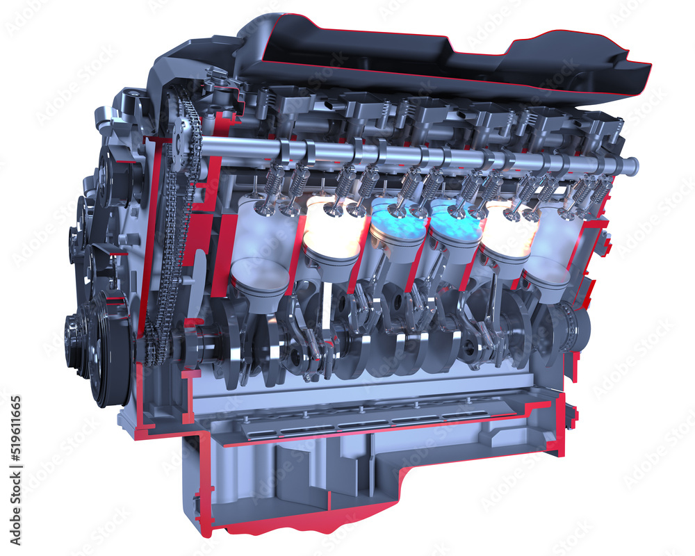Cutaway V12 Engine pistons and crankshaft Ignition on black background ...