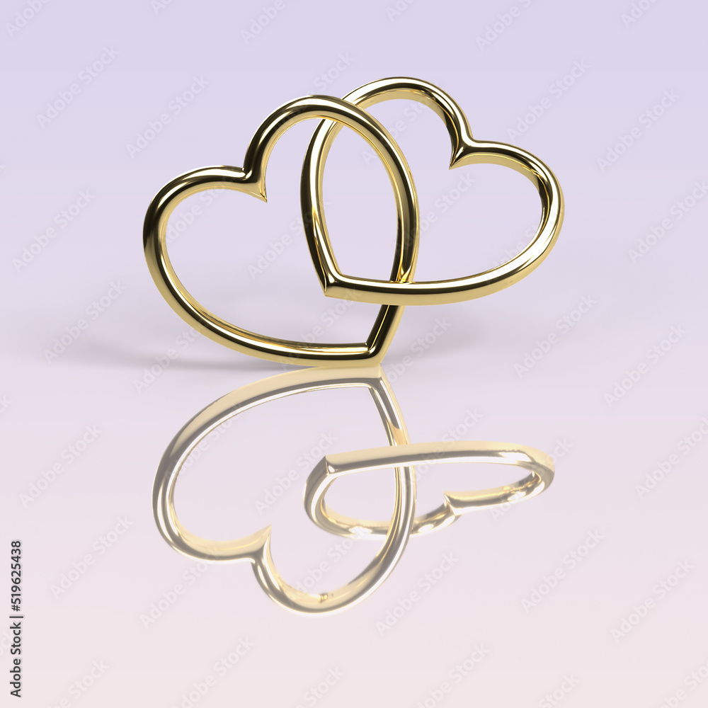 Two Interlocking Gold Heart Rings 3D Render, on an Iridescent ...