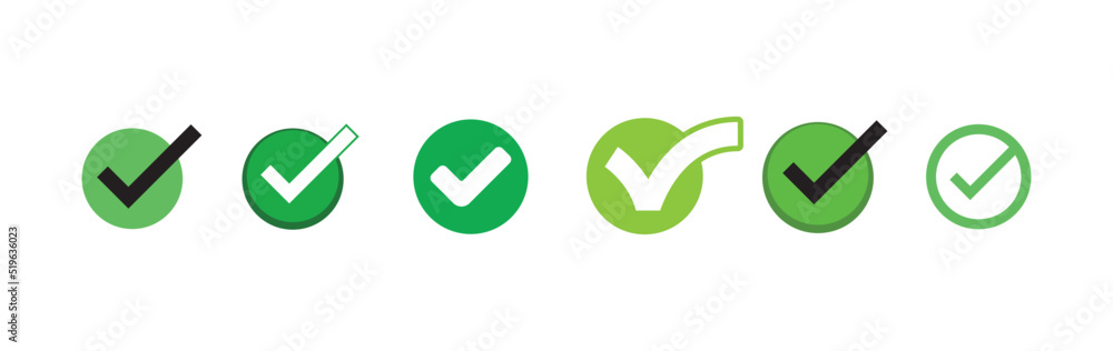 Check mark icons. Green checklist tick symbol. Approved and positive ...