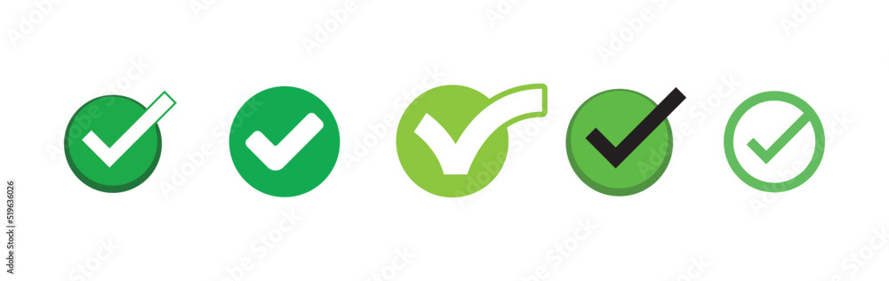 Check mark icons. Green checklist tick symbol. Approved and positive ...