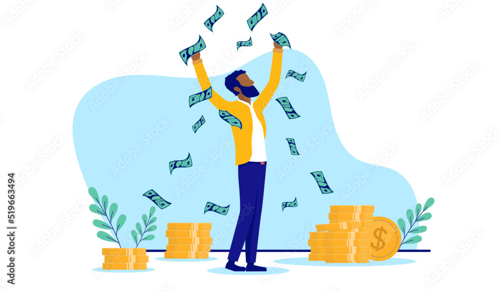 Rich African American man making money and celebrating with hands in ...