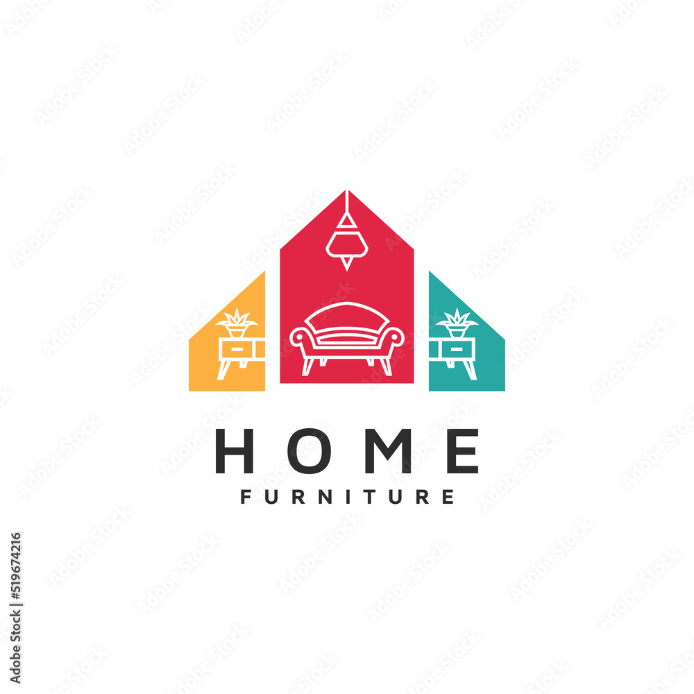 Home furniture logo design with lamp, drawer shelf, flower and chair ...