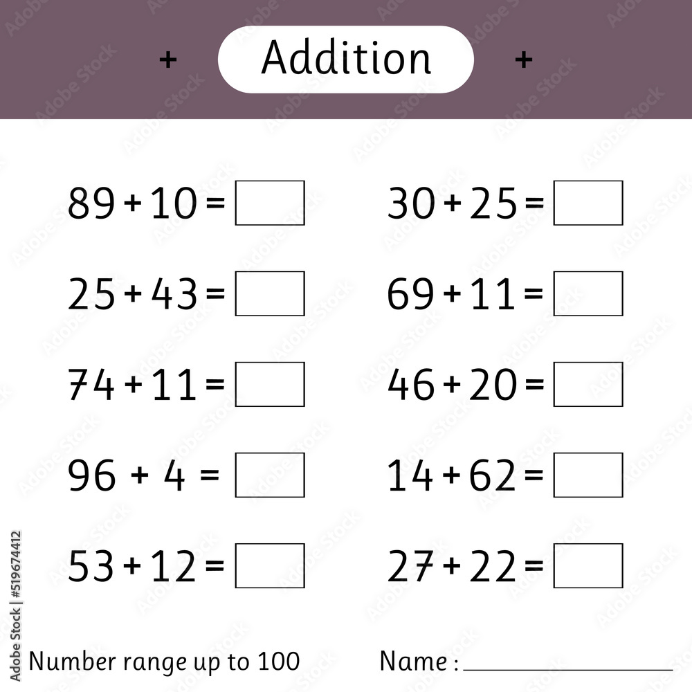 Addition. Number range up to 100. Math worksheet for kids. Solve ...